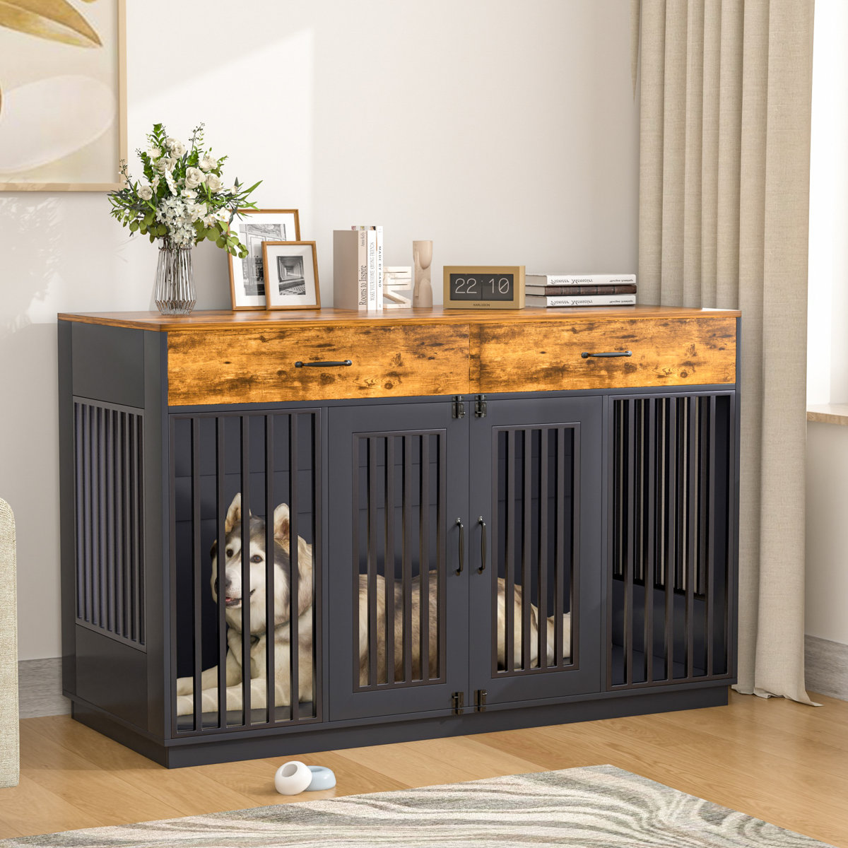 Tucker Murphy Pet™ Iliu 55 Inch Large Dog Crate Furniture, Wooden Dog Kennel End Table With ...